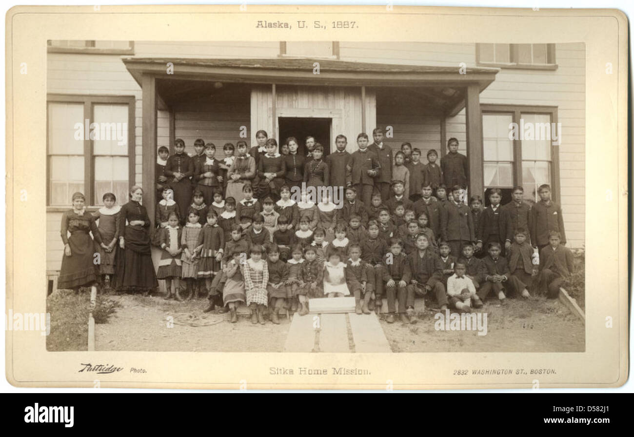 A historical photograph of the Sitka Home Mission in Alaska, capturing ...