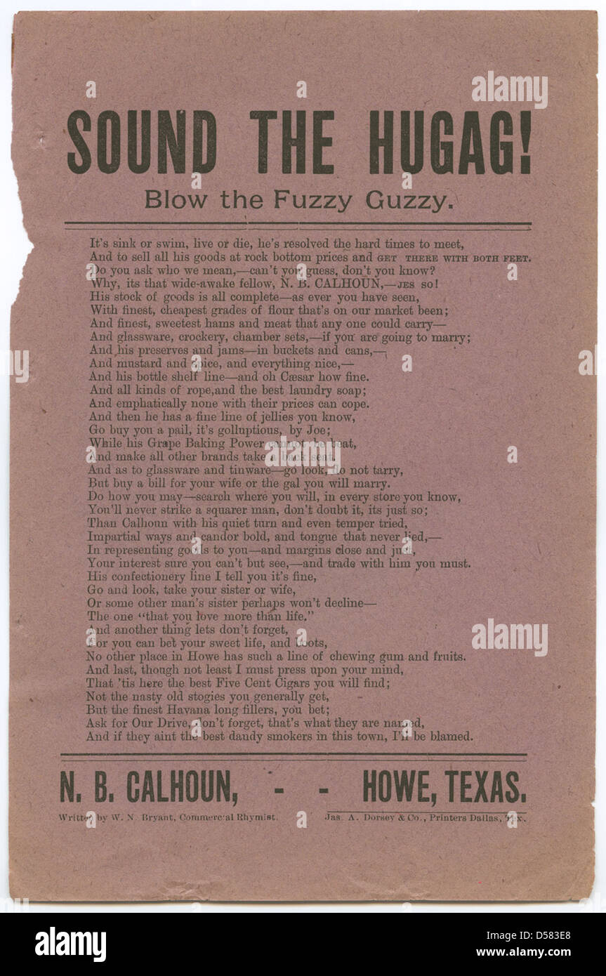 An early advertisement from N.B. Calhoun, a merchant in Howe, Texas ...