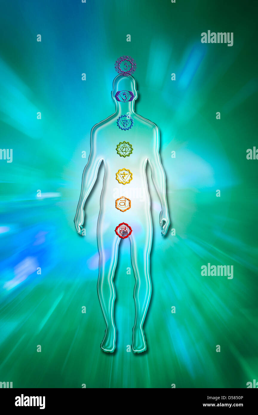 seven Chakras symbols and male silhouette figure Stock Photo - Alamy