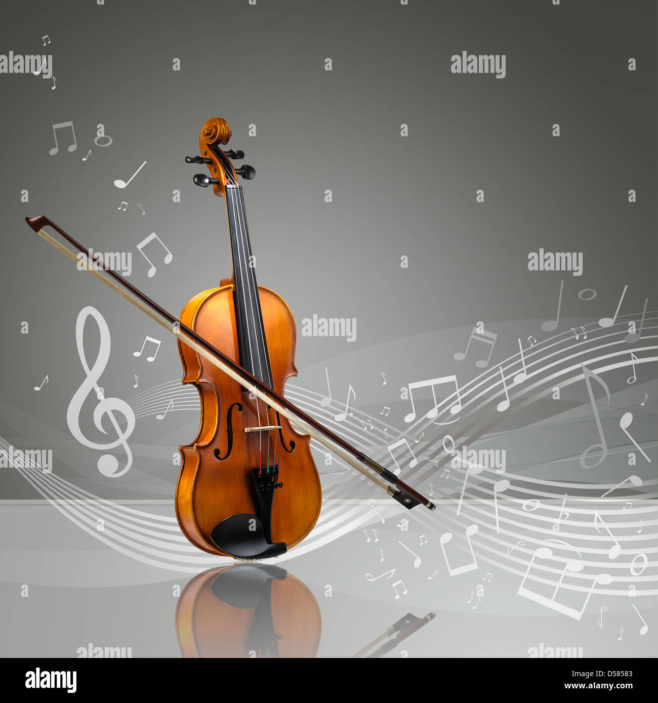 Violin and fiddle stick with musical notes Stock Photo - Alamy