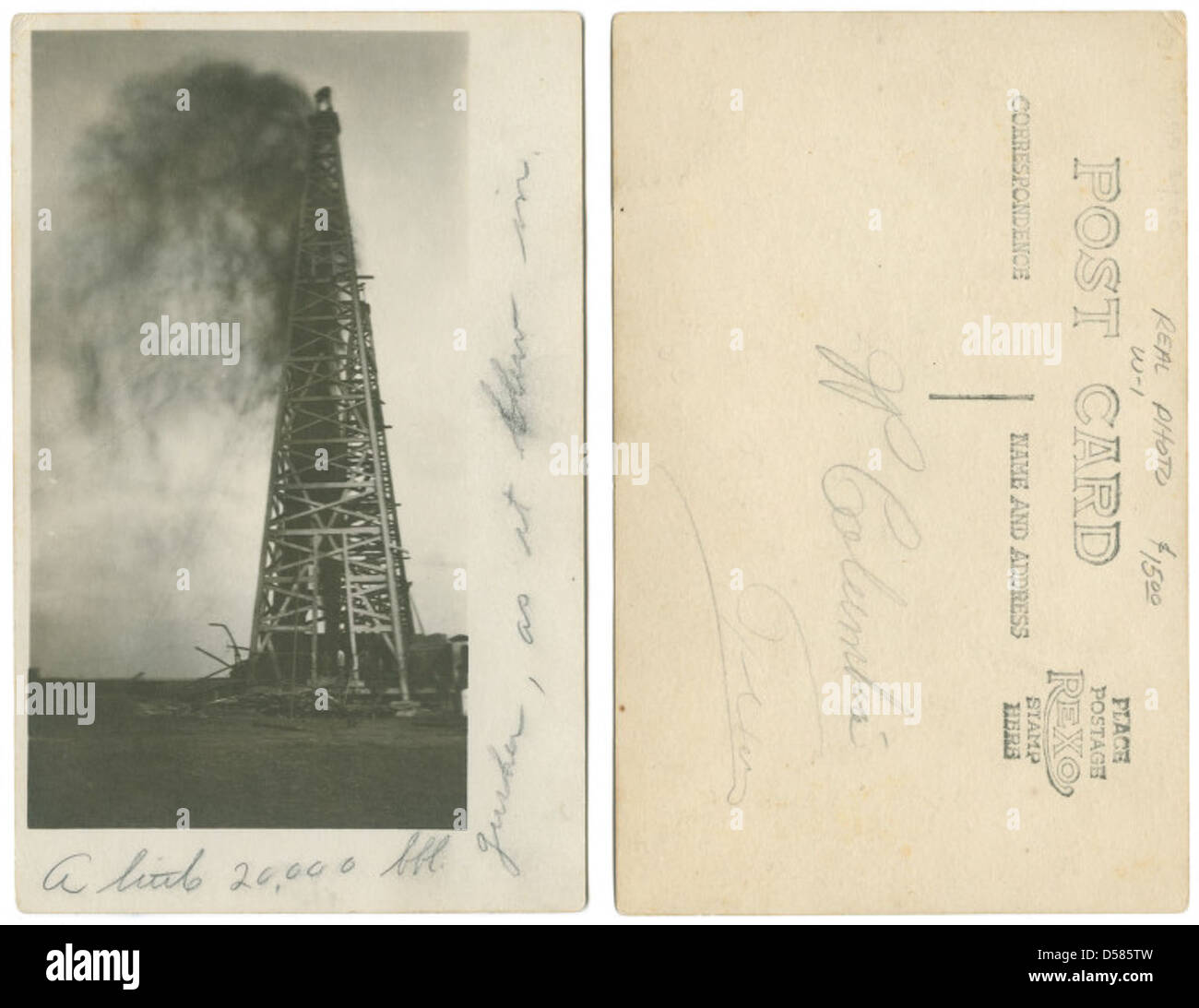 This photograph shows a small oil gusher at a drilling site in Texas ...