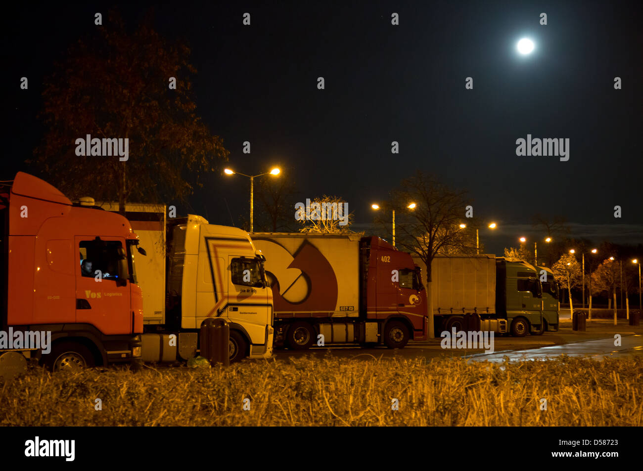 Frankfurt (Oder), Germany, trucks in a parking lot at the rest stop ...