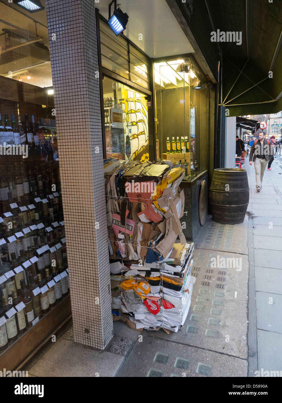 Cardboard packed up on street ready to be taken for refuse in Soho ...