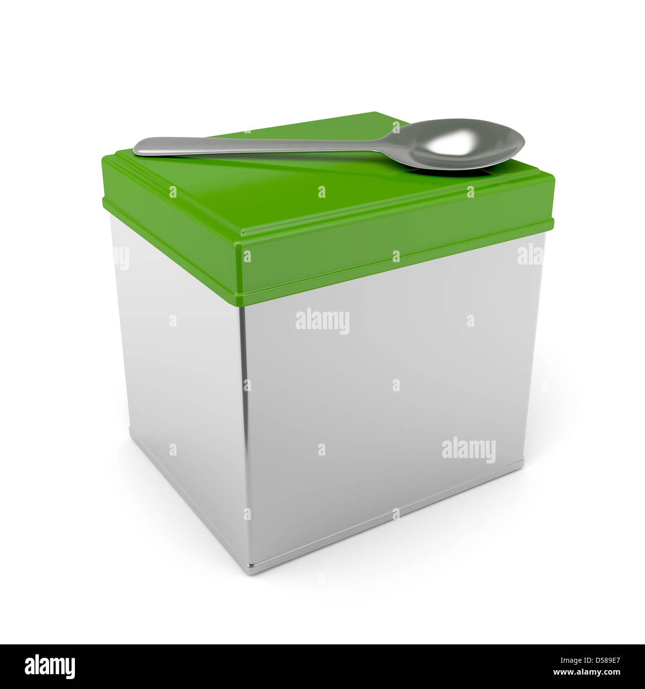 Metal box and spoon on white background Stock Photo - Alamy