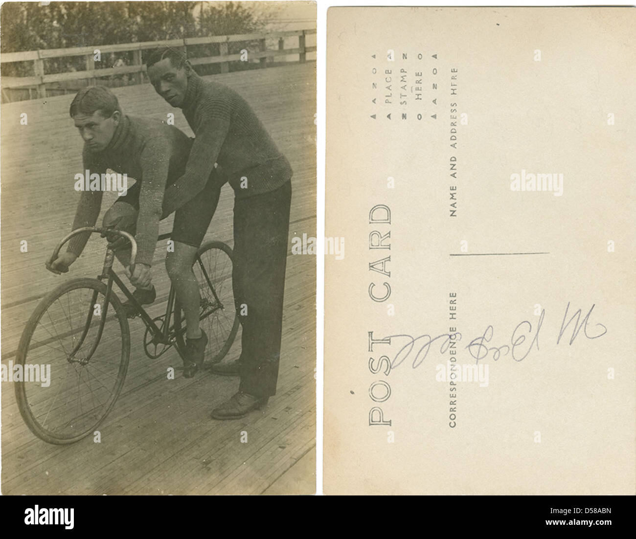 A historical image featuring a cyclist with a man supporting a bicycle ...