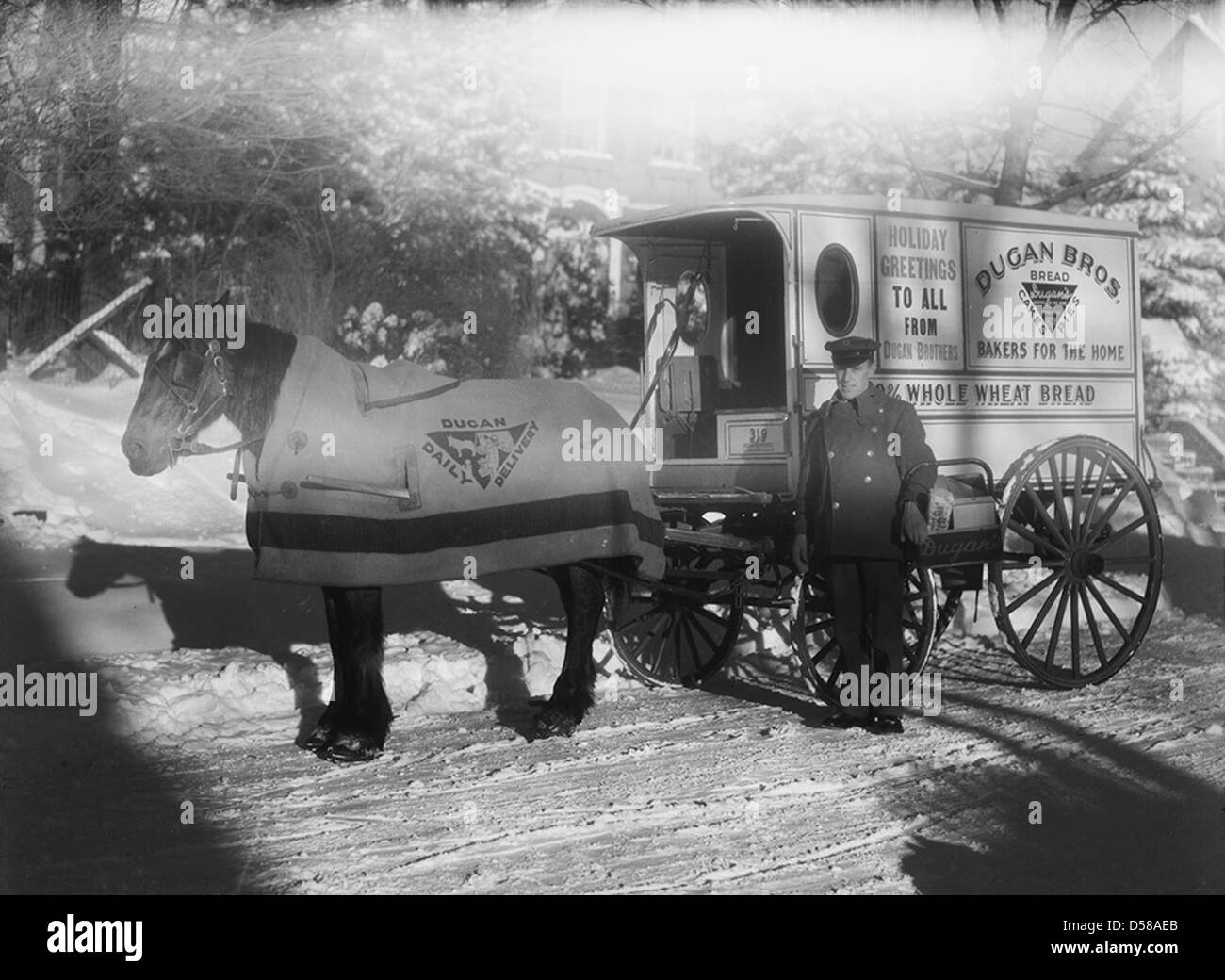 A historical image of the Dugan Bros. Bakery wagon, showing horses and ...