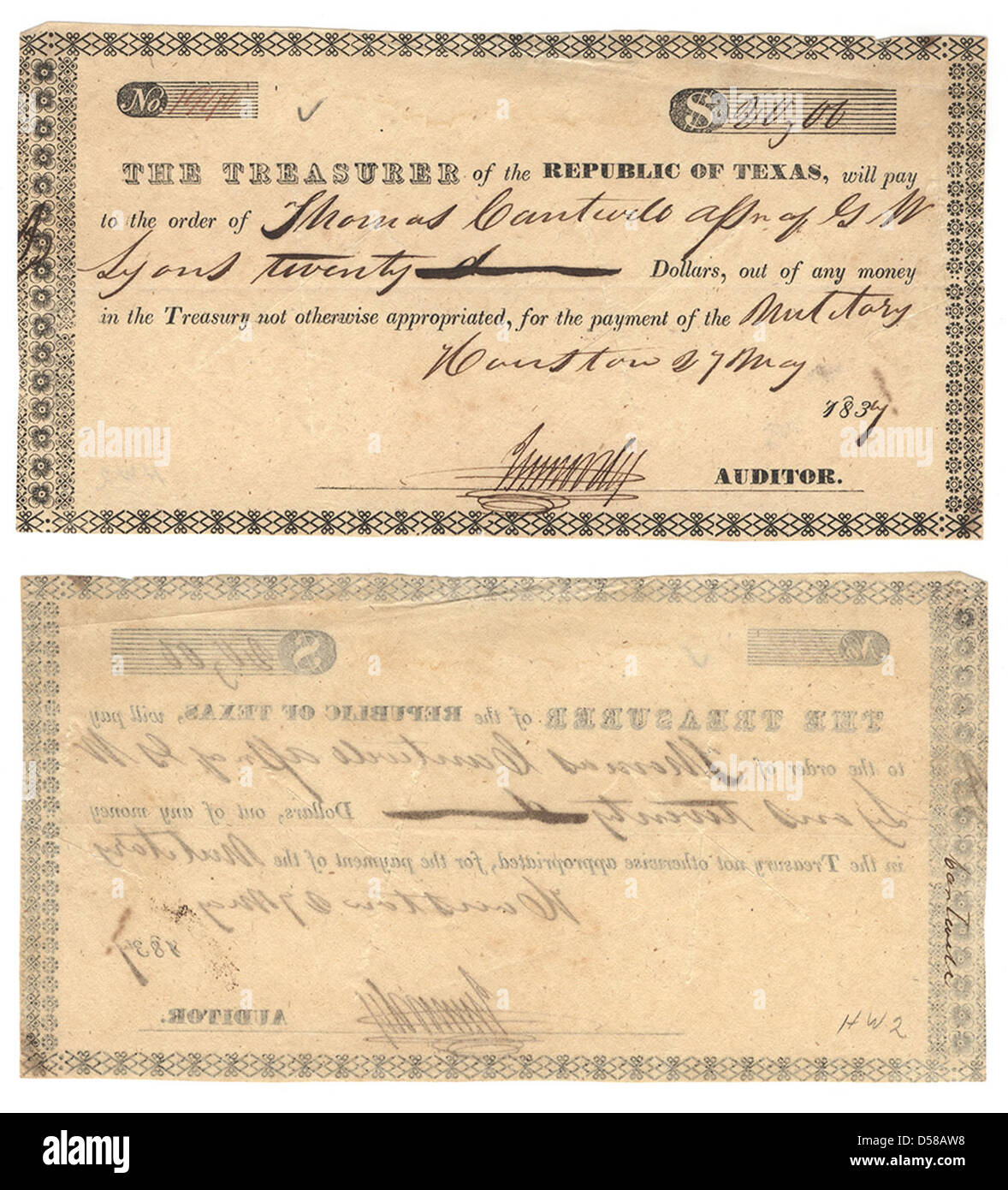 This audited draft from the Republic of Texas, valued at $20, was ...