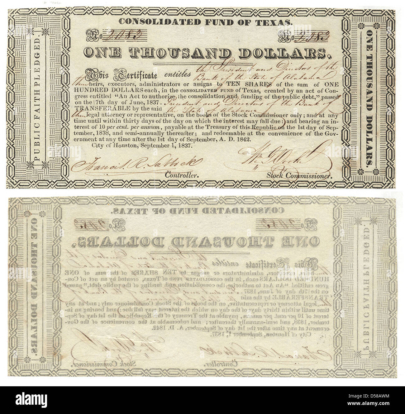 A $1,000.00 consolidated fund note issued by the Republic of Texas ...