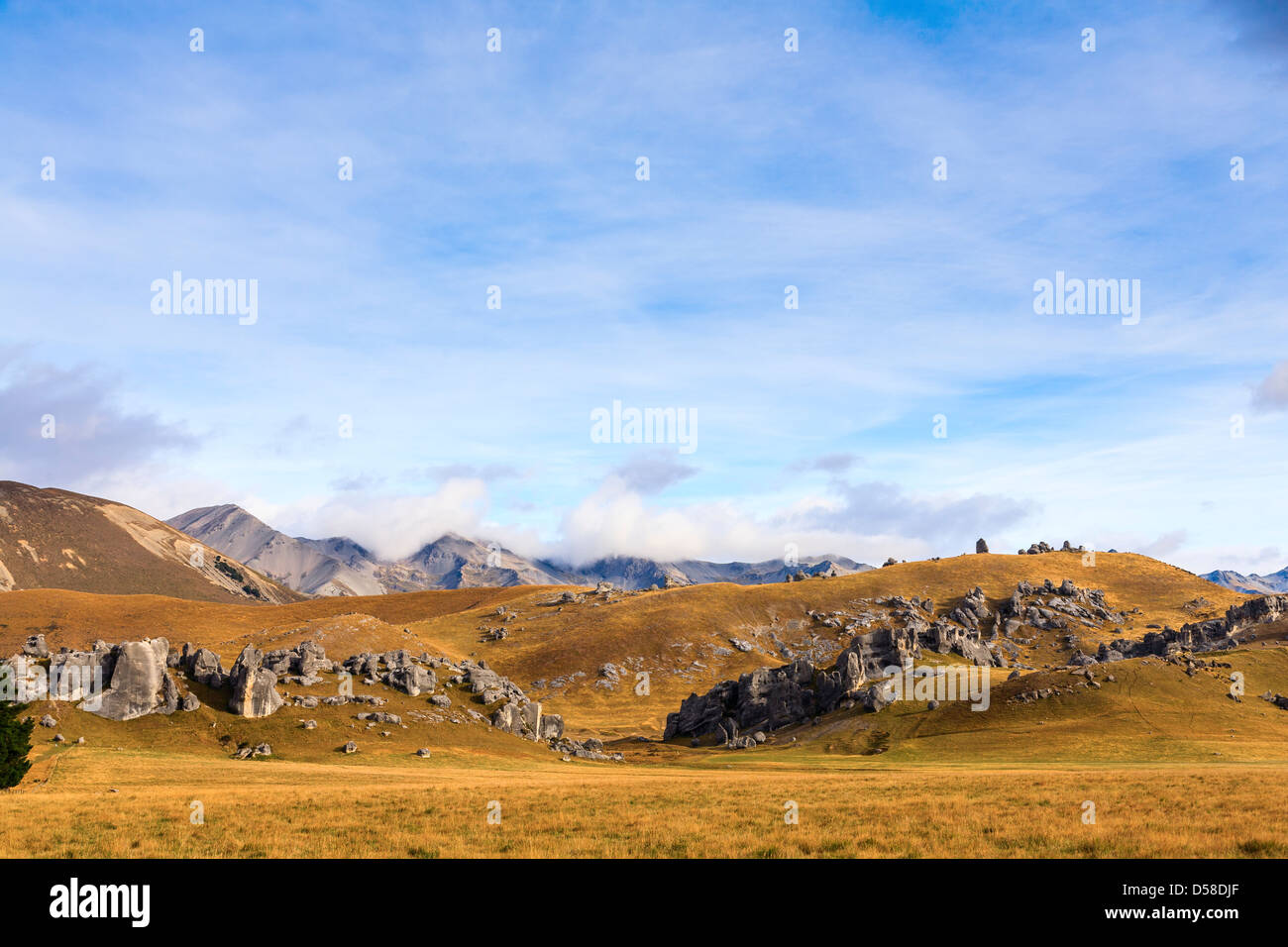 Limestone outcrops of Castle Hill in Arthurs Pass, South Island of New ...