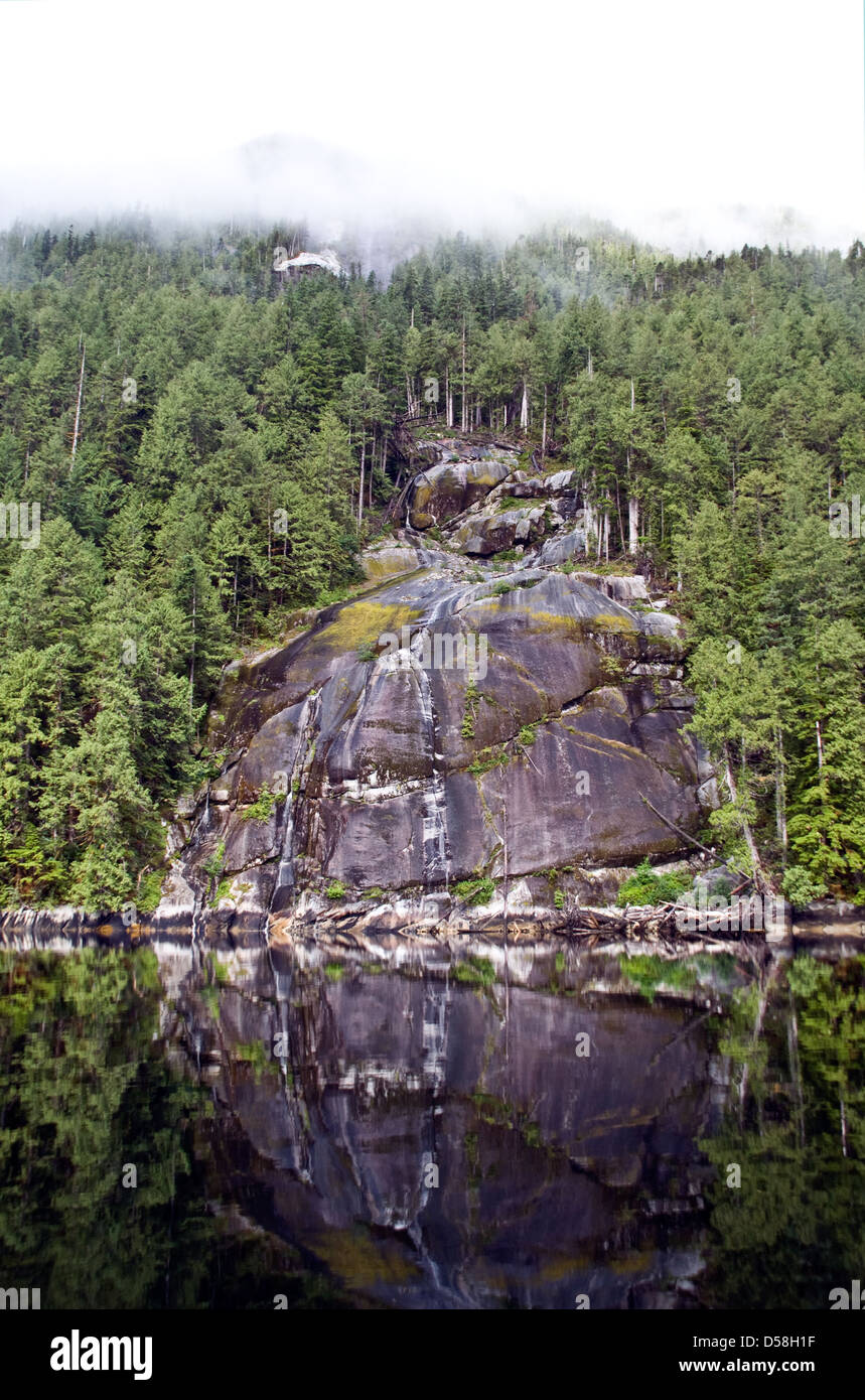 A rocky bluff in a coastal forest in Roscoe Inlet, in the scenic Great ...