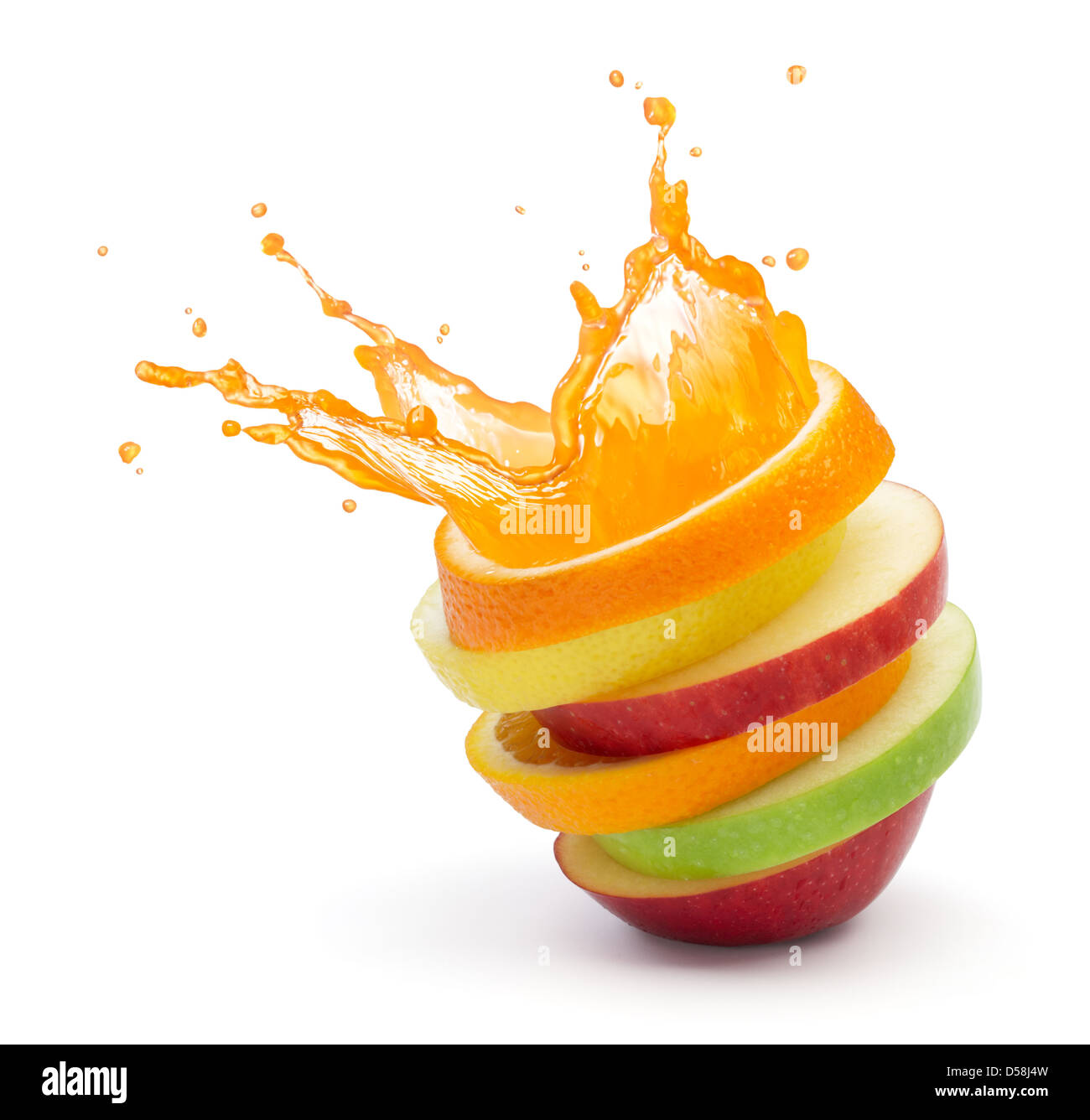 various type of fruit slices stacked with splash, fruit punch concept ...