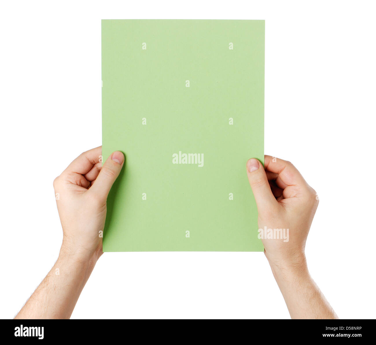Man holding a blank light green paper against white background Stock ...