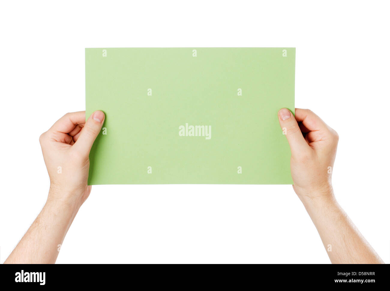 Man holding a blank light green paper against white background Stock ...