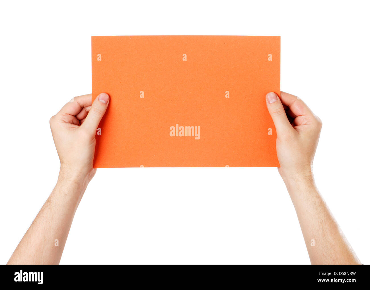 Man holding a blank orange paper against white background Stock Photo ...