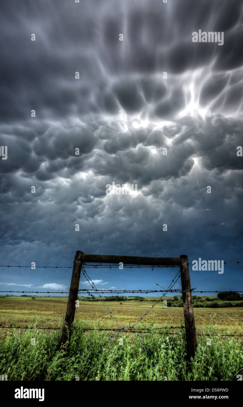 mammatus Bubble Storm Clouds Saskatchewan with fence Stock Photo - Alamy
