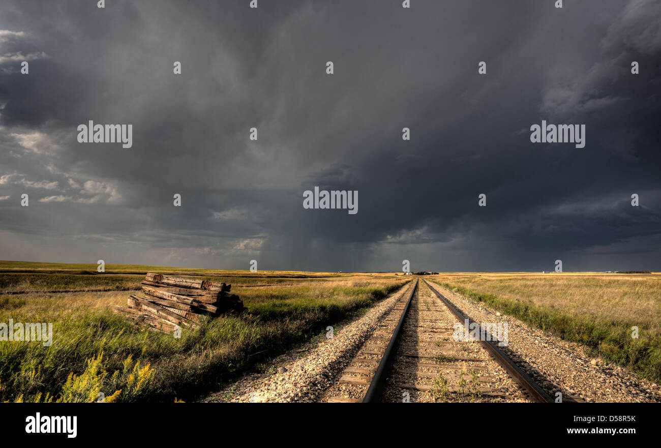 Storm Clouds Saskatchewan railway railroad tracks Canada Stock Photo ...