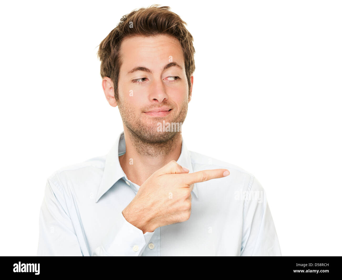 Smart young Caucasian man pointing sideways towards copysapce isolated ...