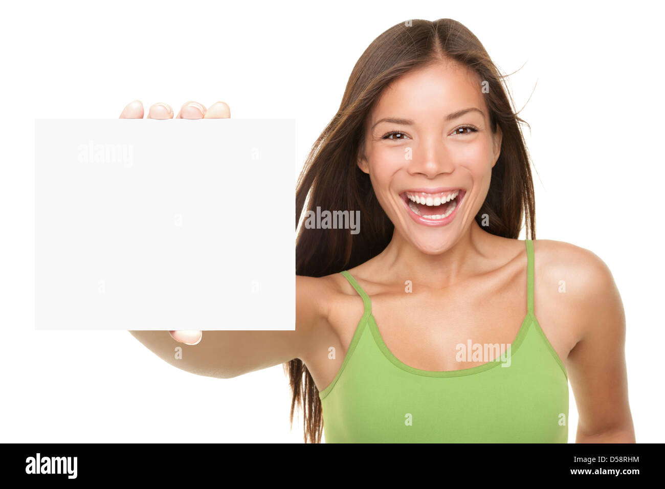 Portrait of young woman showing empty blank paper note card with ...