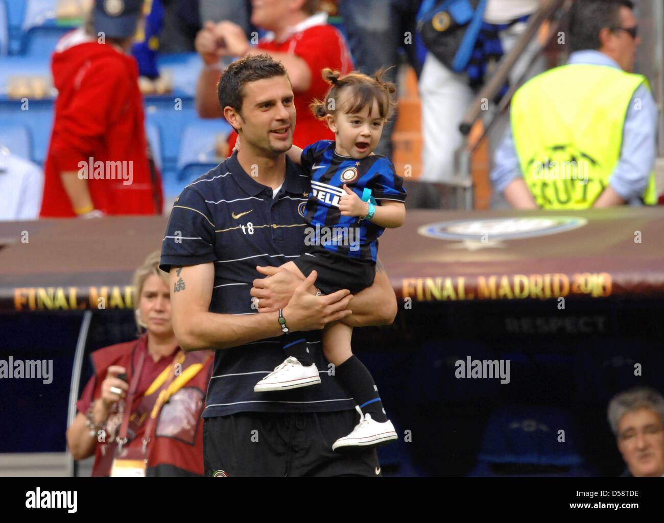 Inter's Thiago Motta and his daughter Sofia walk over the pitch prior ...