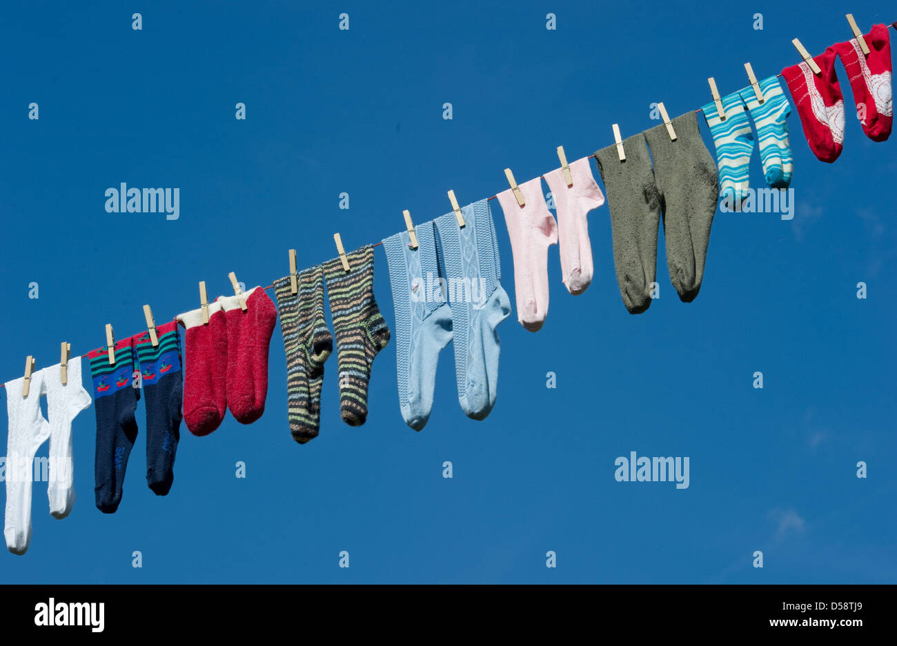 Socks hang on a clothesline in the Tripsdrill theme park near Cleebronn ...
