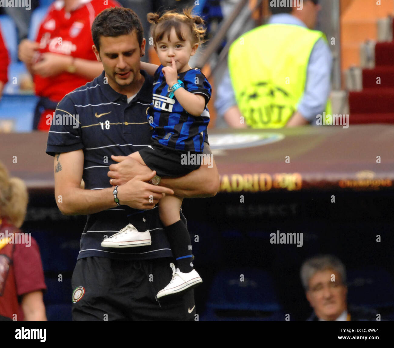 Inter's Thiago Motta and his daughter Sofia walk over the pitch prior ...