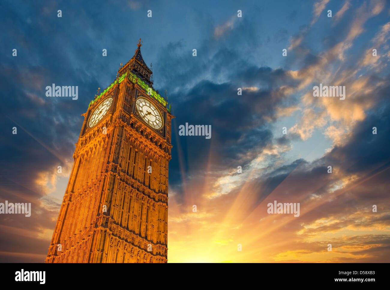 London, Wonderful upward view of Big Ben Tower and Clock at sunset ...