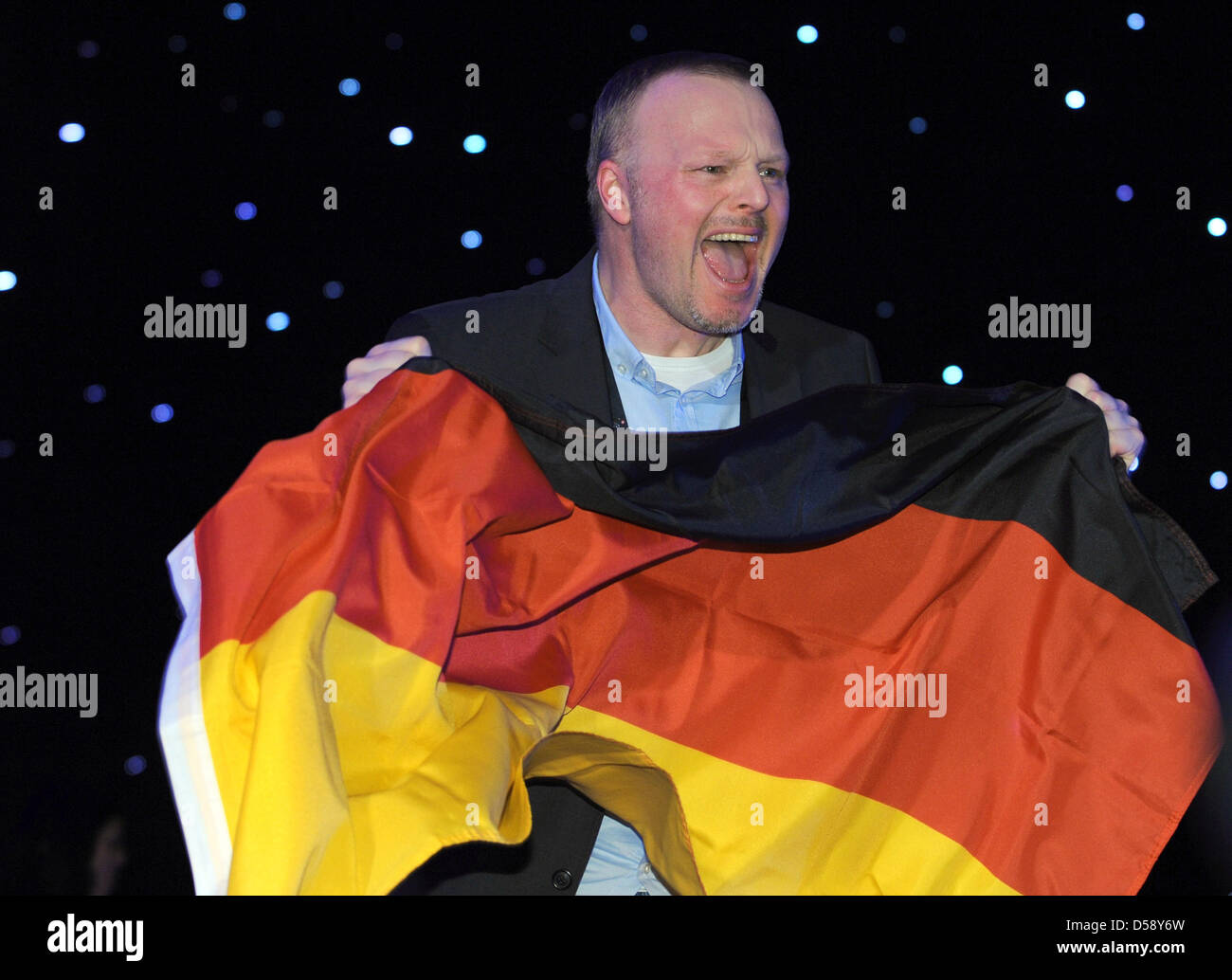 German TV-Presenter and promoter Stefan Raab celebrates the victory of ...