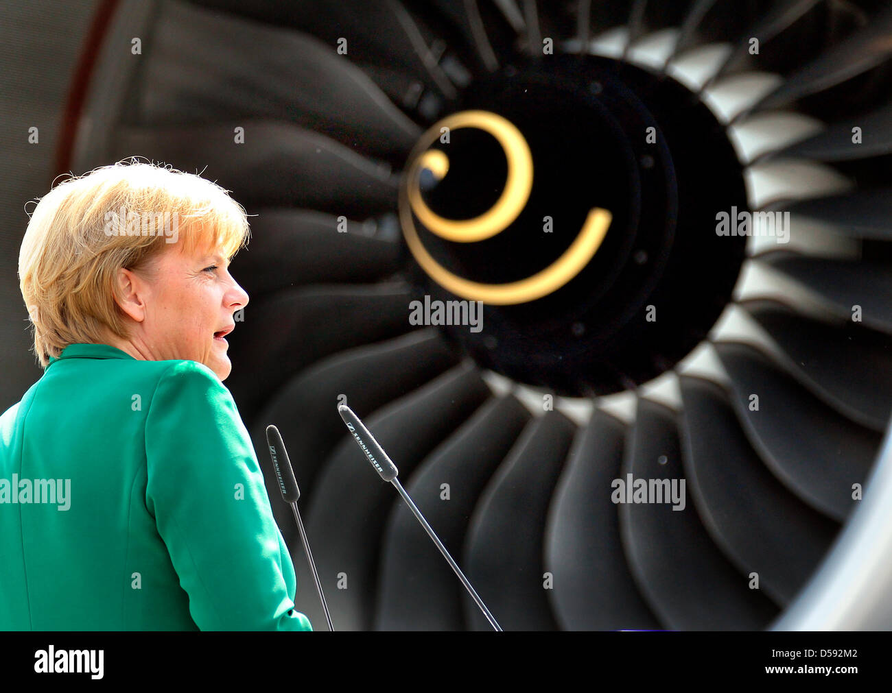 In front of a huge power plant of an Airbus A380-800 of Lufthansa ...