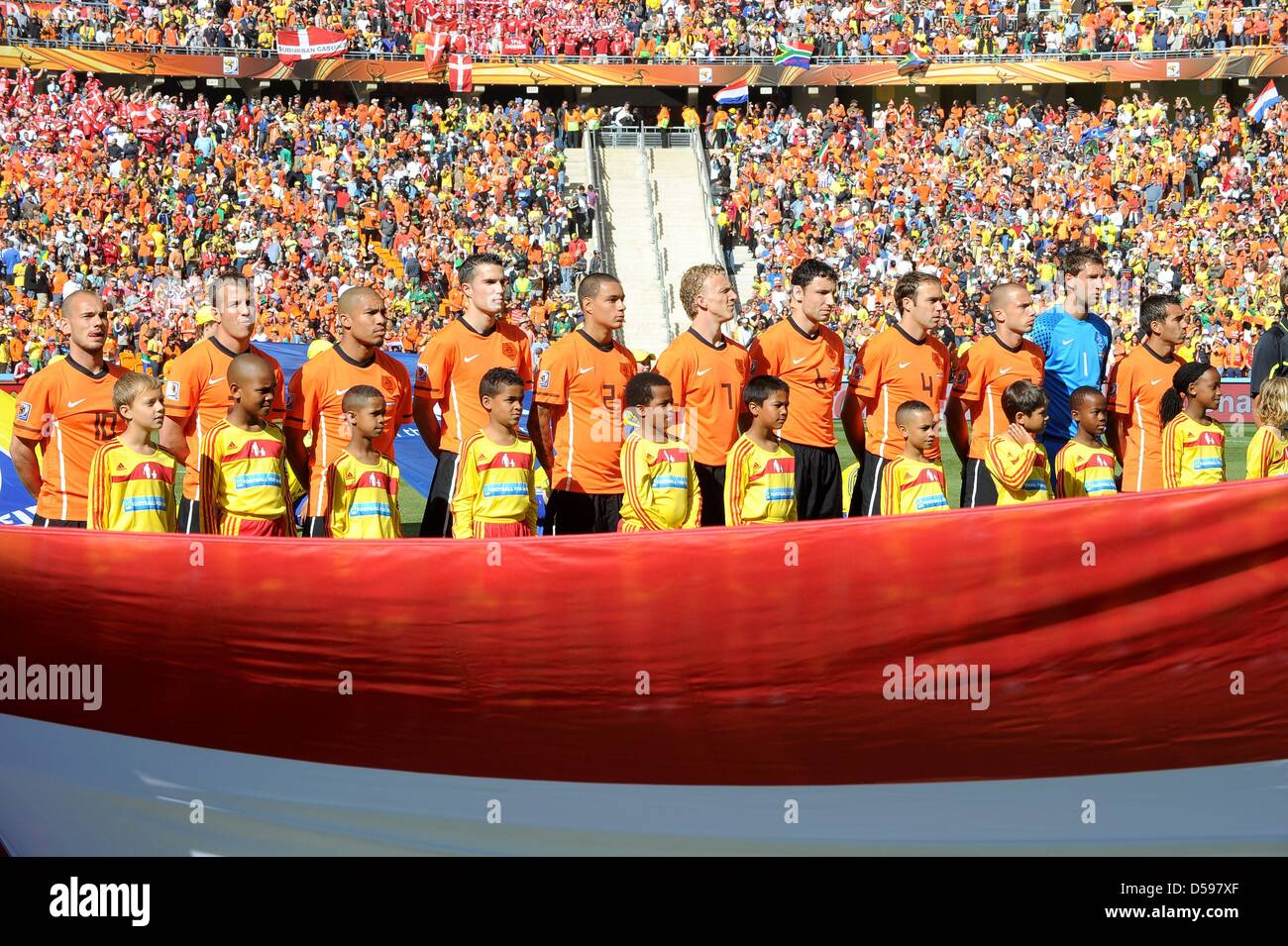 The Dutch team listen to the national anthem during the 2010 FIFA World ...