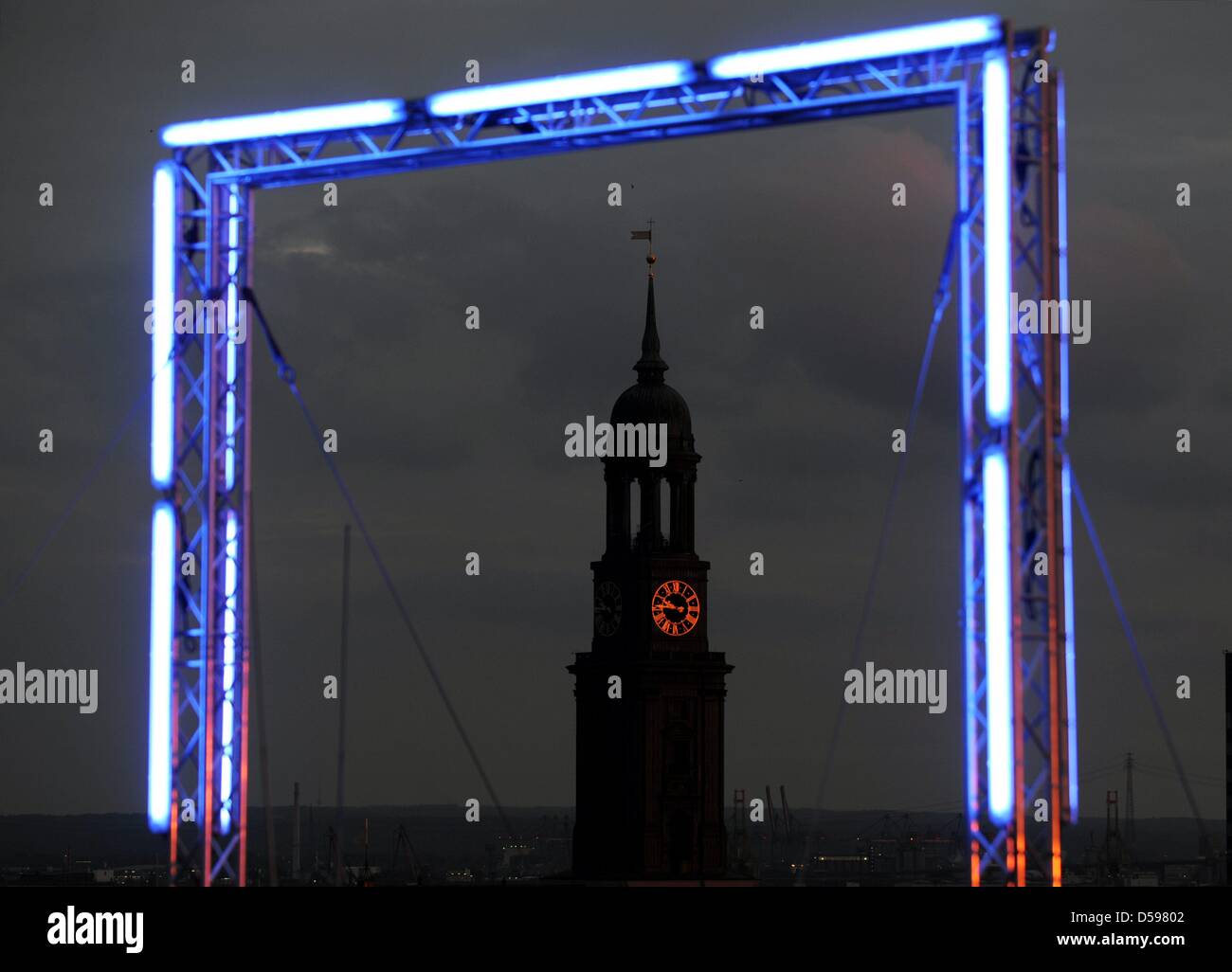 A 'Blue Goal' by artist Michael Batz from Hamburg is illuminated on the ...