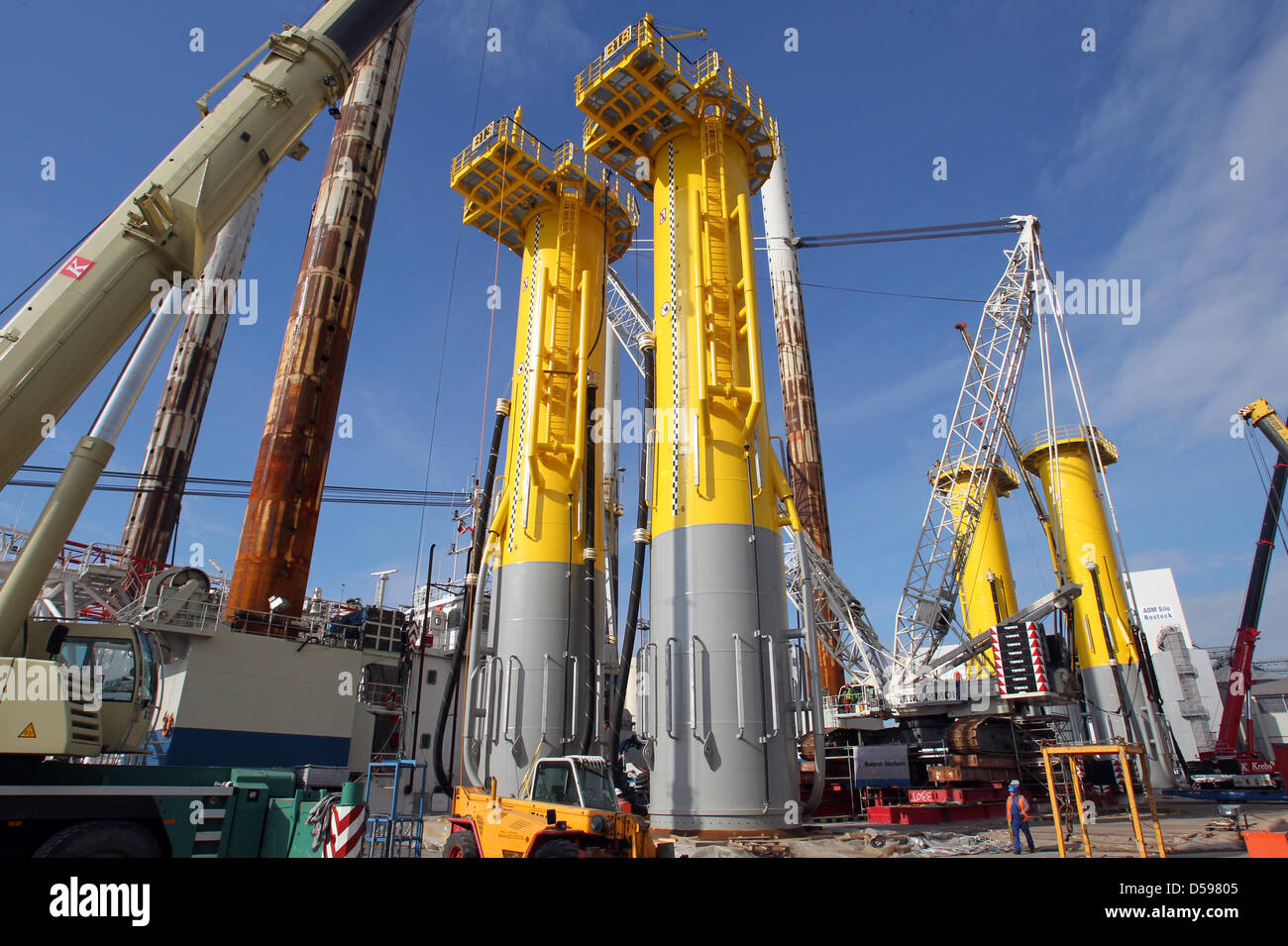 Four foundations for the offshore windpark 'Baltic 1' pictured at steel ...