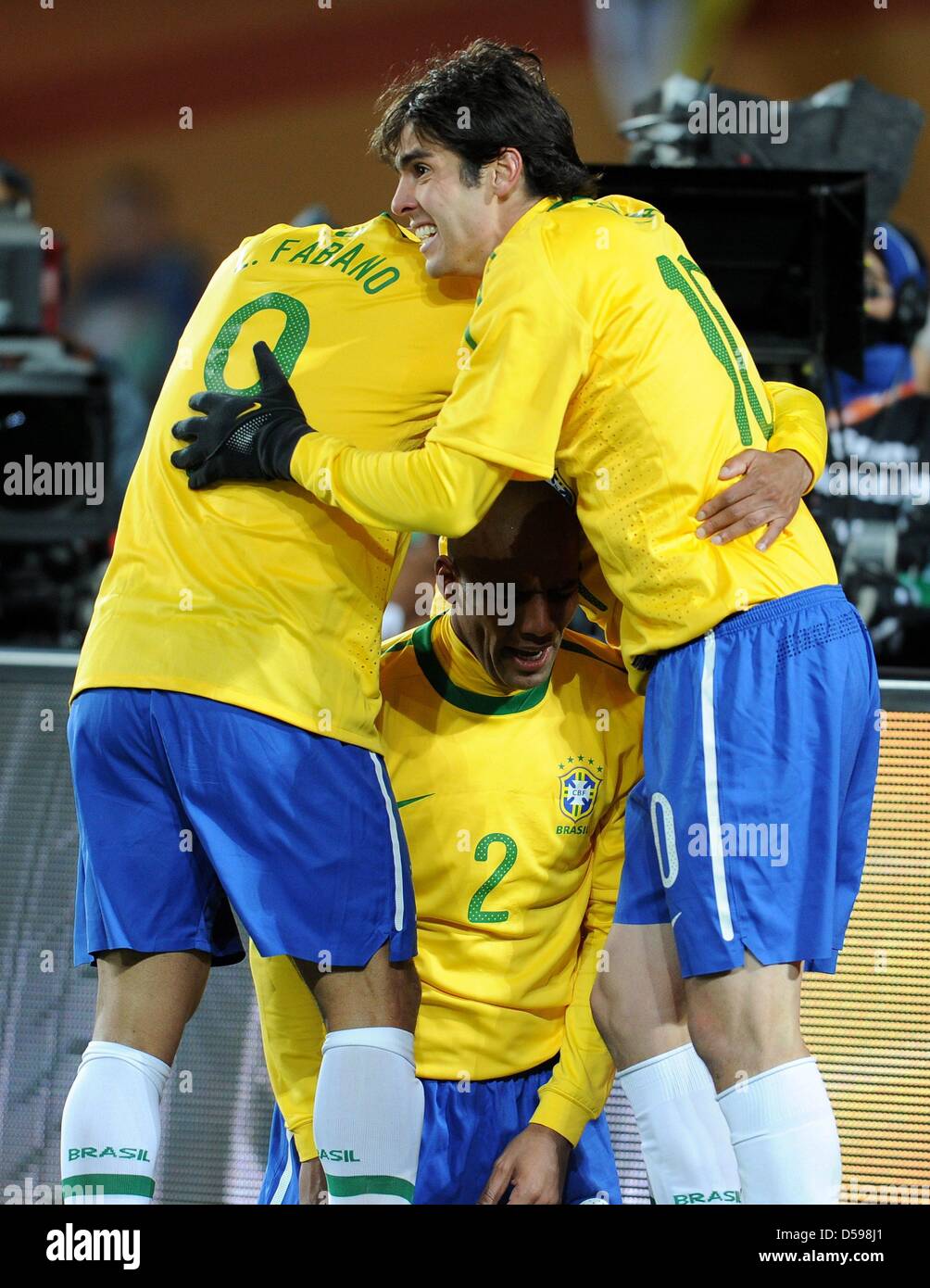 Brazil's Luis Fabiano (L-R) Maicon and Kaka celebrate during the 2010 ...