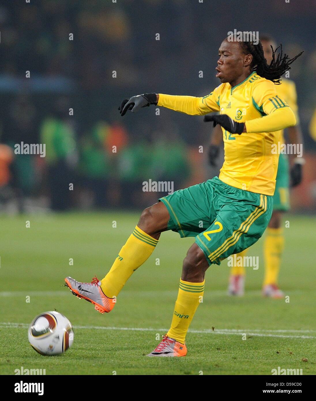 South Africa's Reneilwe Letsholonyane controls the ball during the 2010 ...
