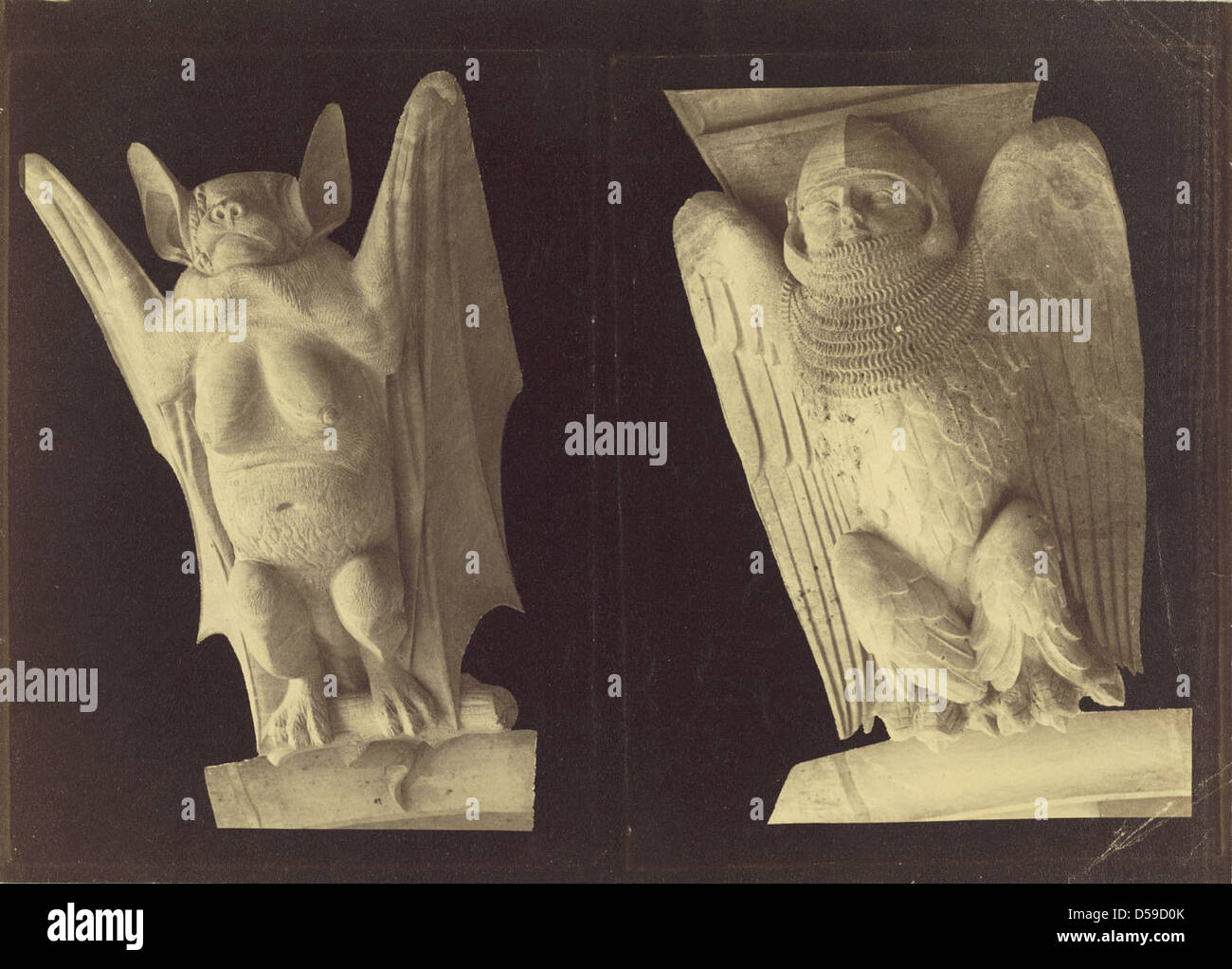 A photograph of two grotesque architectural elements, featuring bat ...