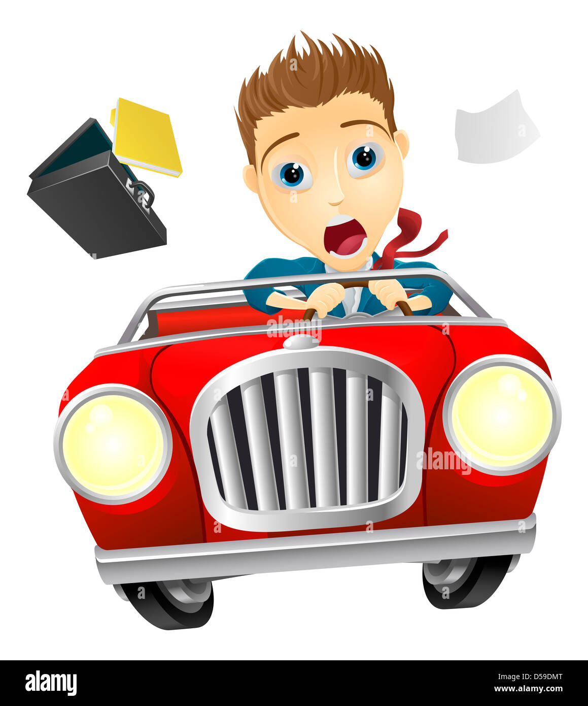 A cartoon businessman, scared driving fast in an out of control car ...