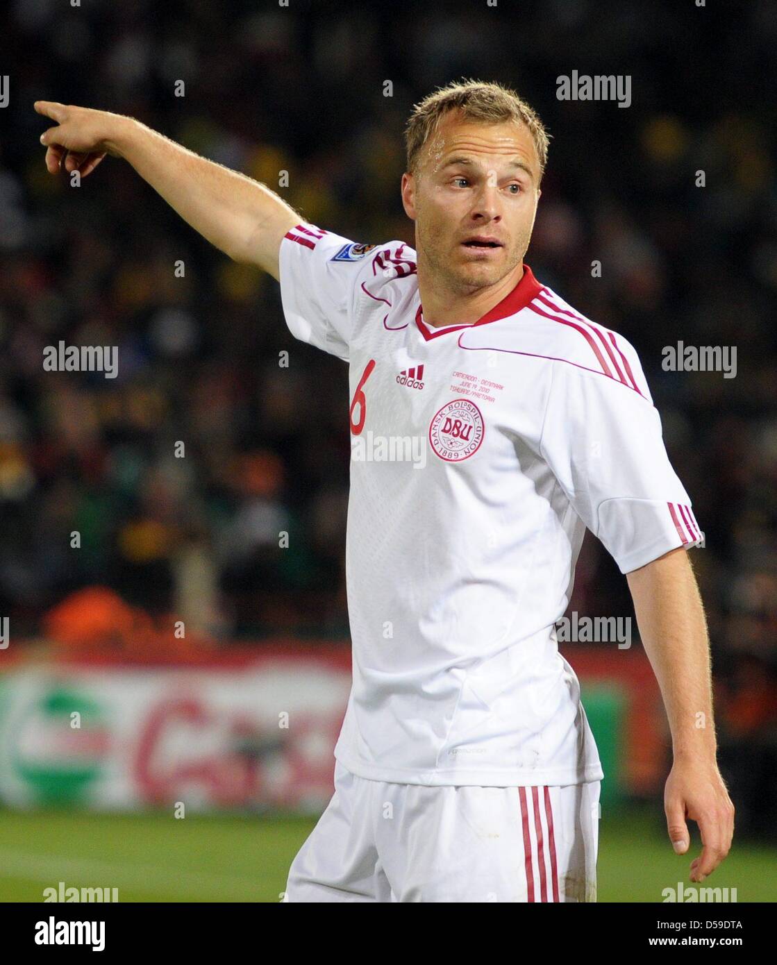 Lars Jacobsen of Denmark gestures during the FIFA World Cup 2010 group ...