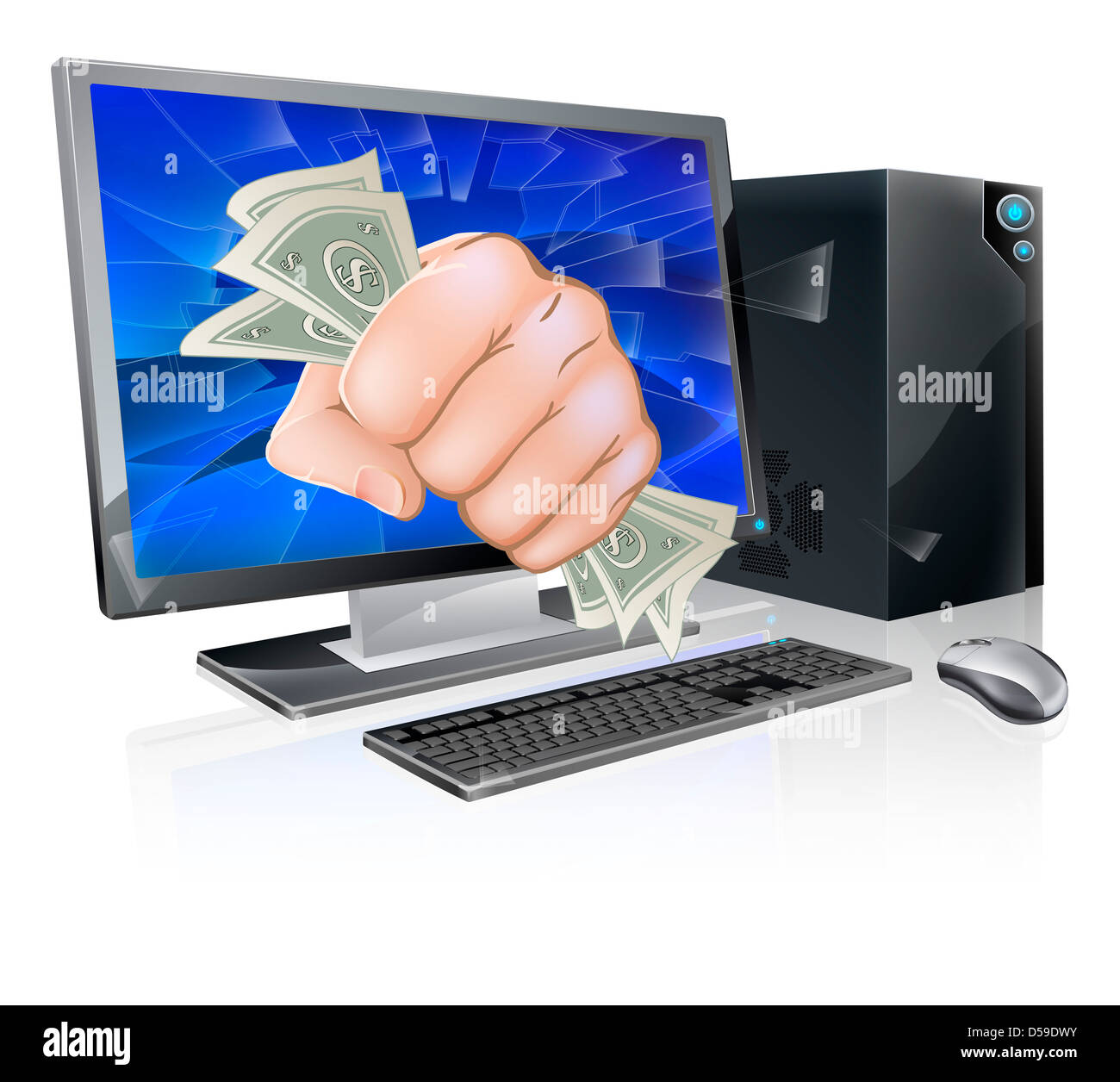 An illustration of a desktop computer with a fist full of dollars ...