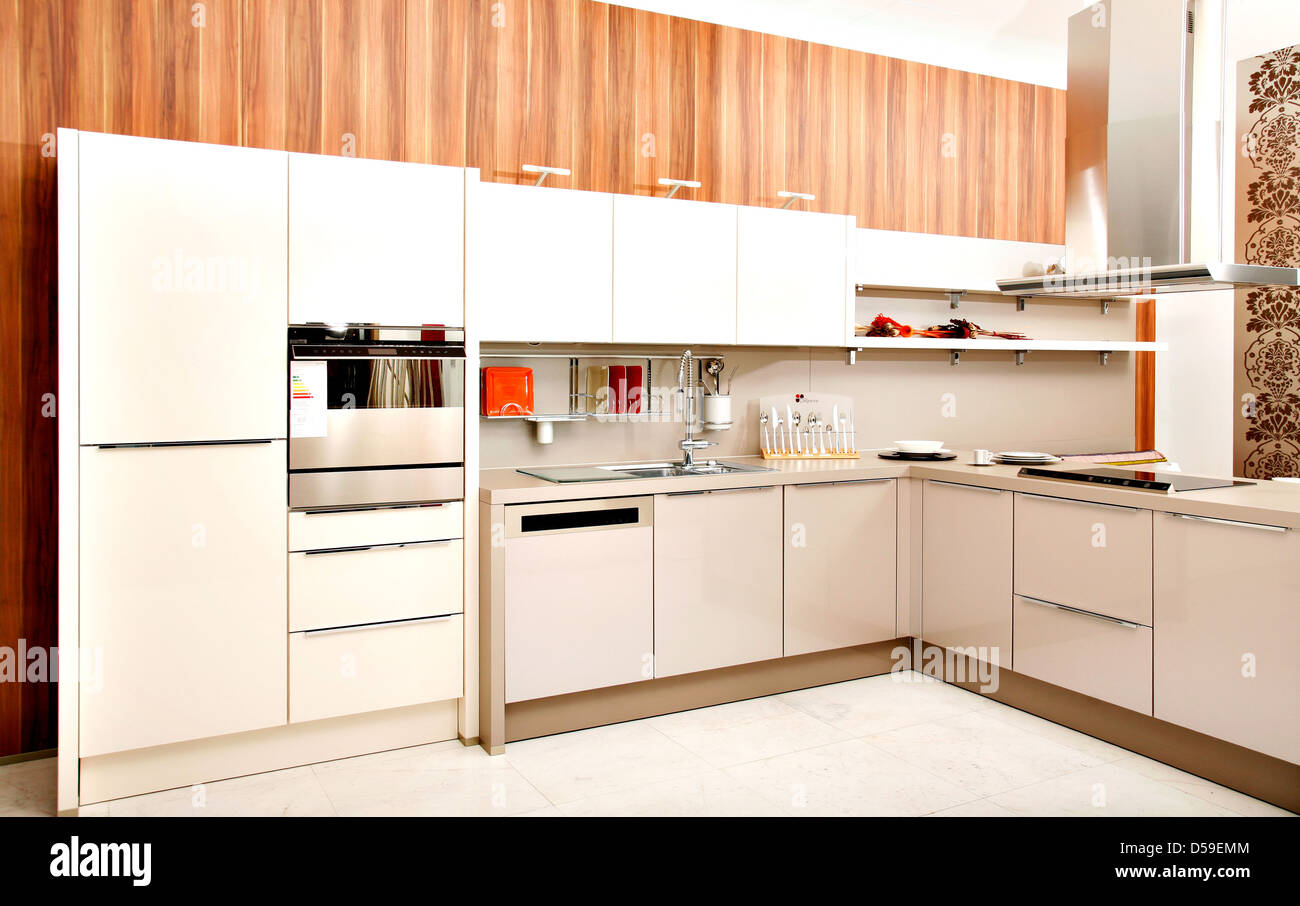 Modern kitchen design containing furniture, appliances and accessories ...