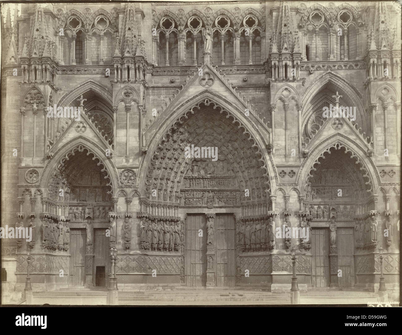 A detailed view of Amiens Cathedral in Amiens, France, showing its ...