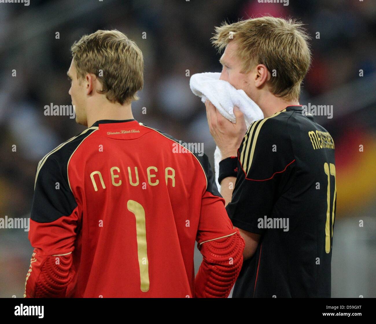 Germany's goalkeeper Manuel Neuer and Per Mertesacker during the 2010 ...