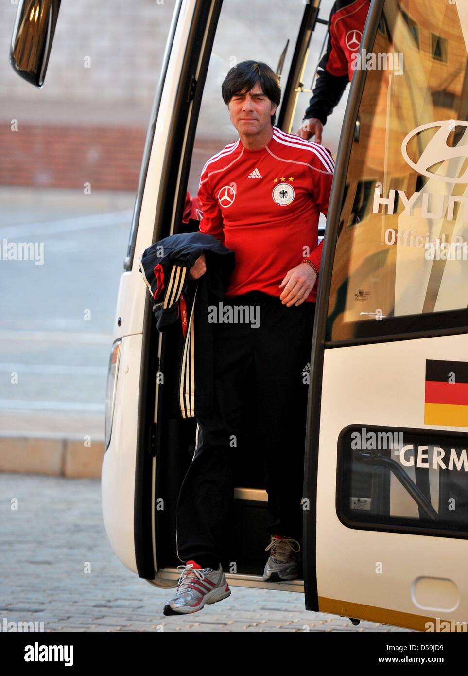 Headcoach Joachim Low of Germany steps out of the teambus during a ...