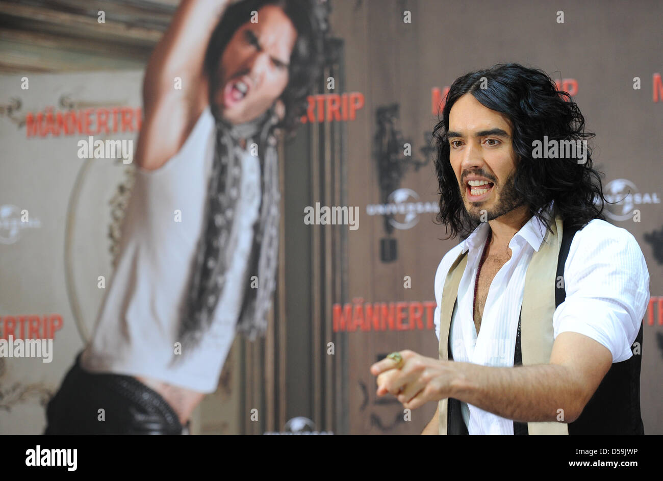 American actor Russell Brand posing at the movie screening of 'Get him ...