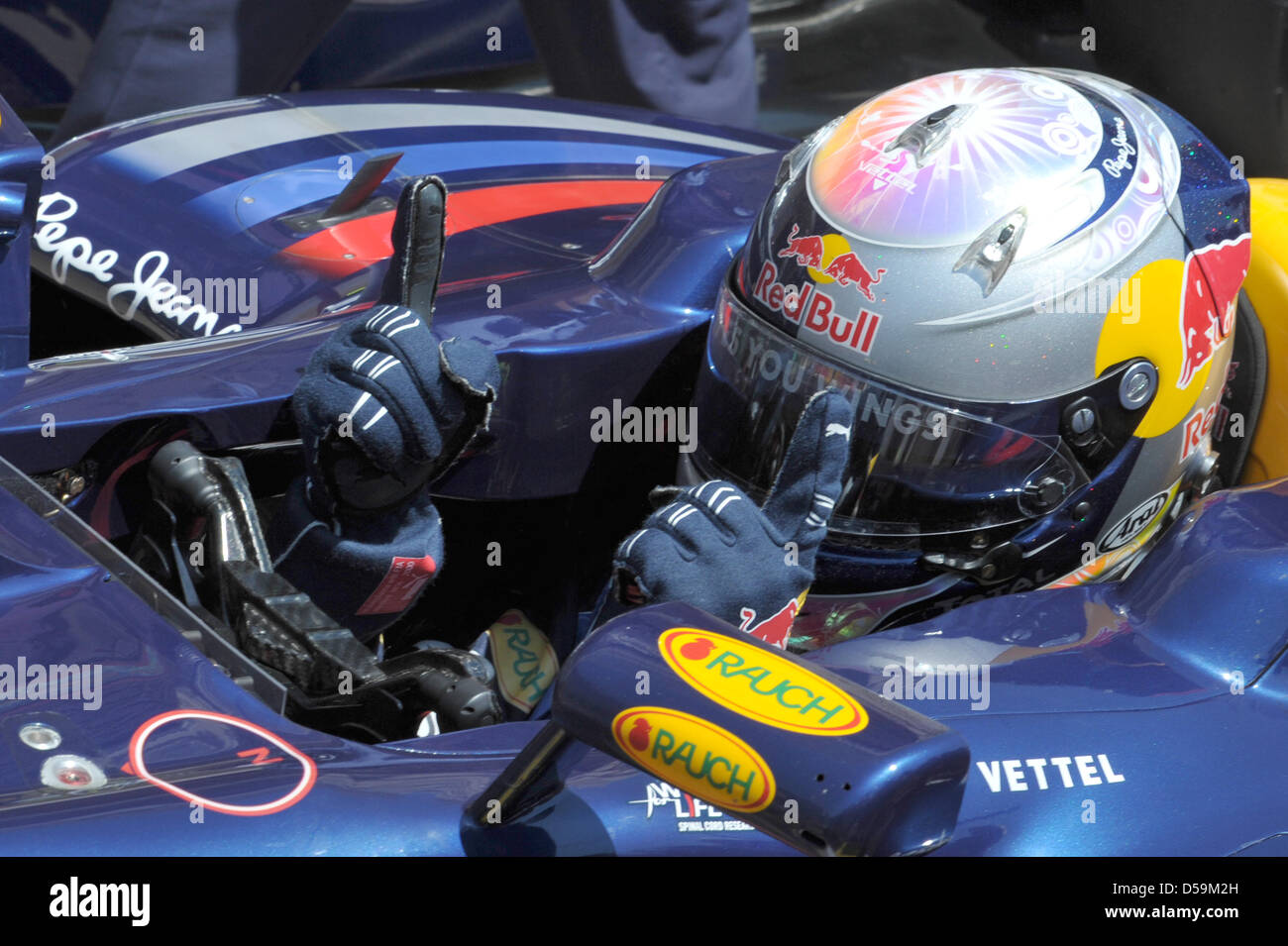 German Formula 1 racedriver Sebastian Vettel (Red Bull) celebrates his ...