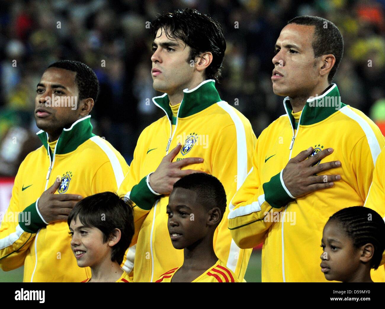 Robinho (L-R), Kaka and Louis Fabiano of Brazil prior the 2010 FIFA ...