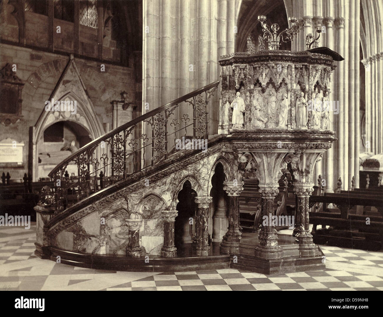 The pulpit located in the nave of Worcester Cathedral, England ...