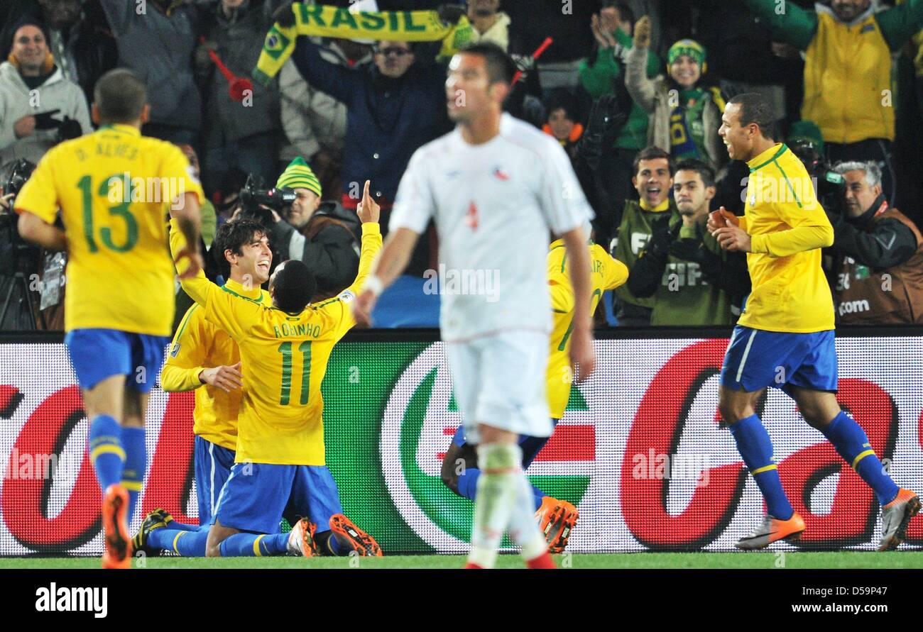 Robinho (3-R) of Brazil celebrates with Kaka (2-L) and Luis Fabiano (R ...