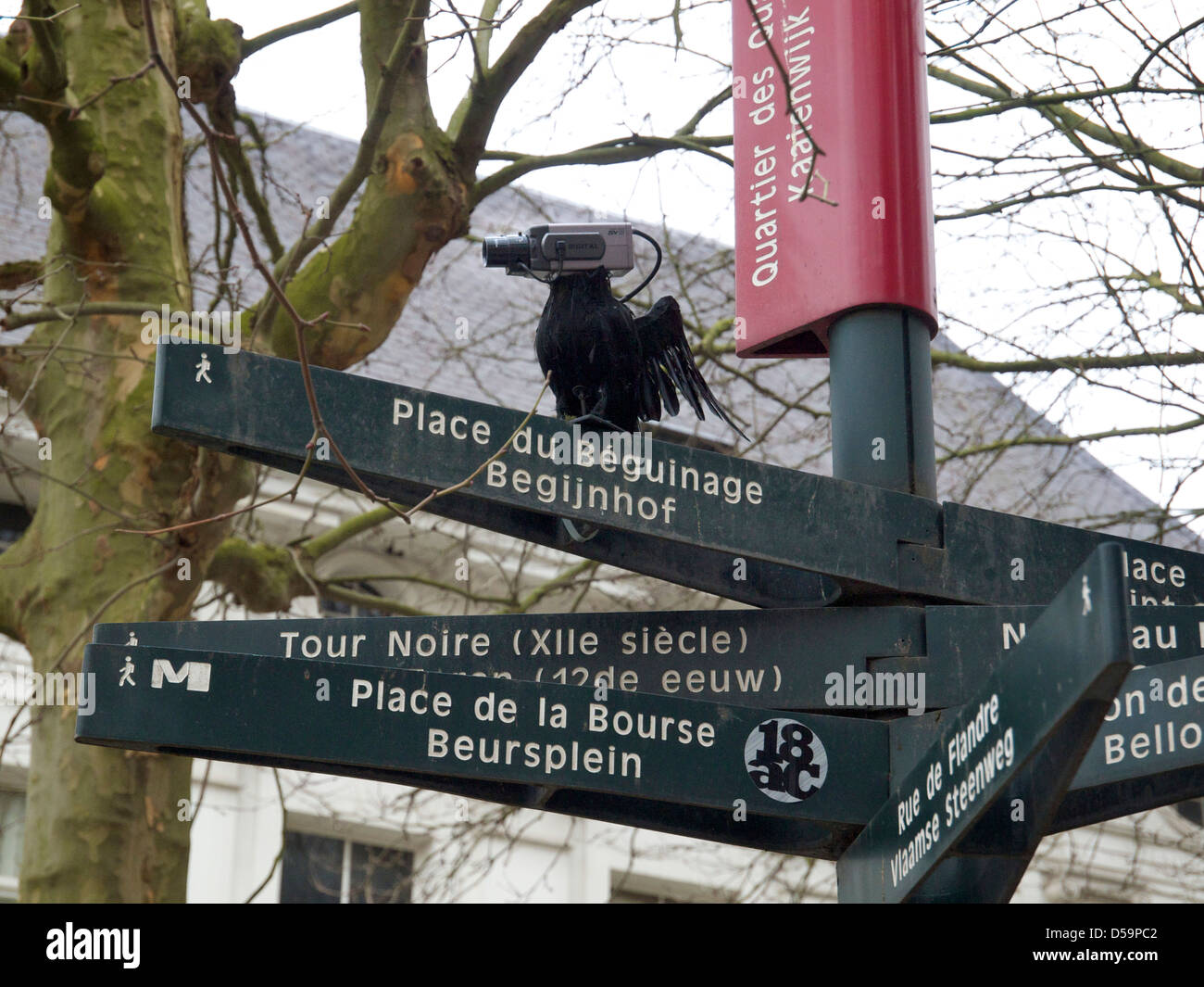 Tourism signpost with funny cctv camera disguised as a bird in the city ...