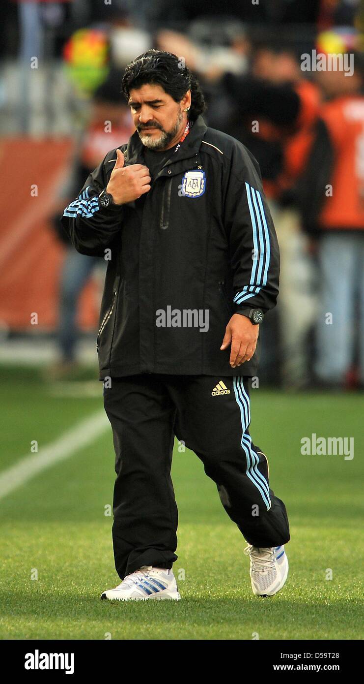 Argentina's headcoach Diego Armando Maradona gestures prior to the 2010 ...