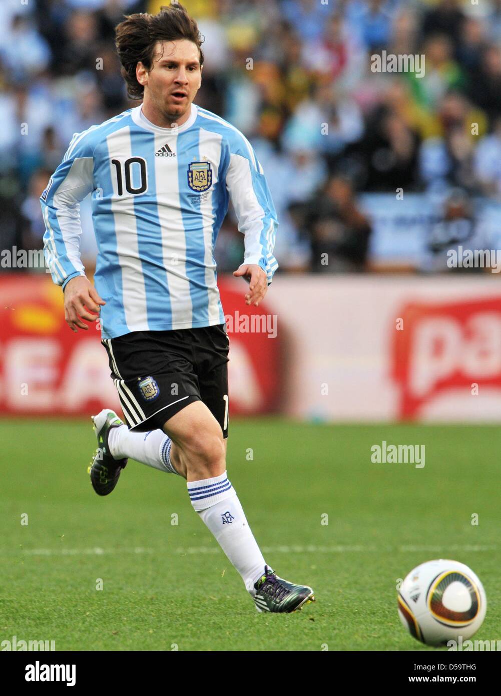 Lionel Messi of Argentina controls the ball during the FIFA World Cup ...