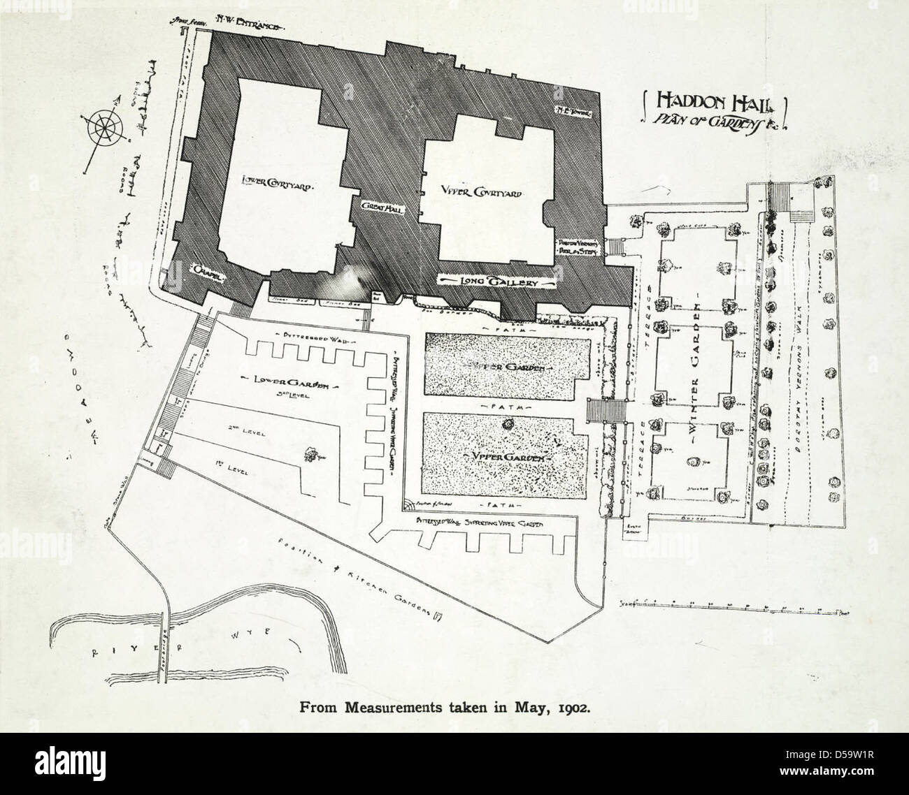 An architectural plan of the gardens at Haddon Hall, Derbyshire, England. The detailed drawing ...